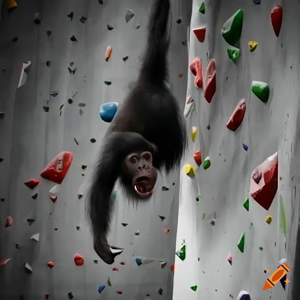 Chimpanzee doing a backflip in a rock climbing gym on Craiyon