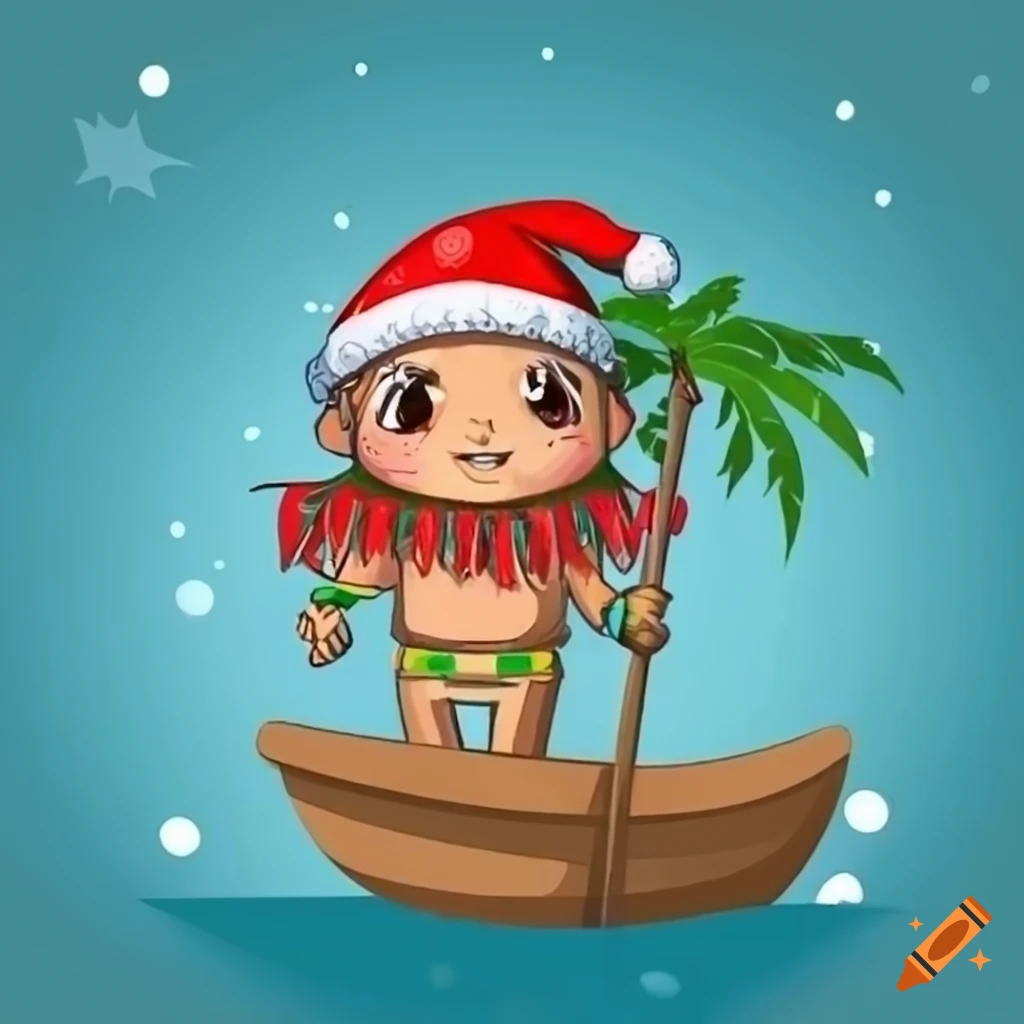 Chibi cartoon character in native christmas costume holding a coconut ...