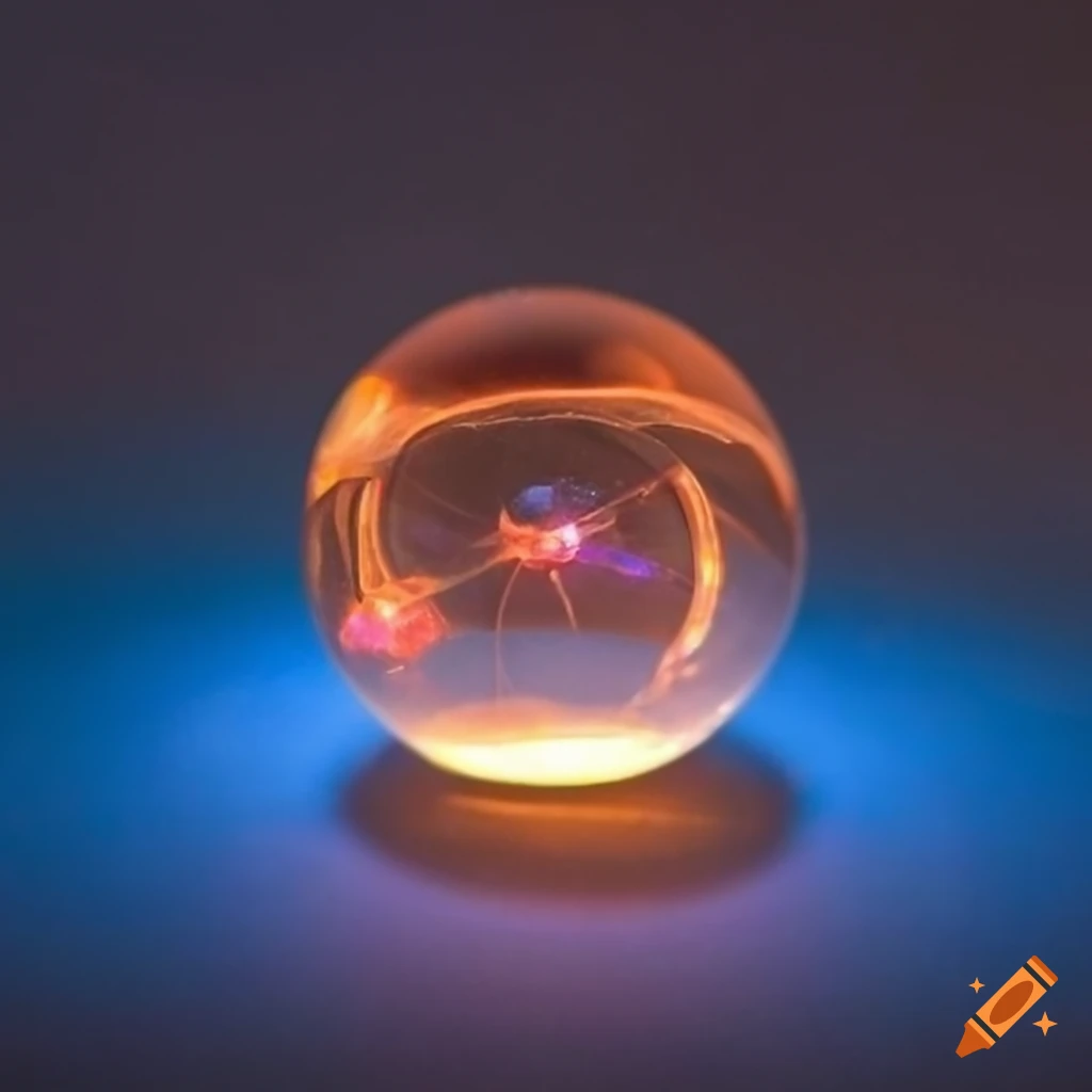 Glowing glass ball with a microcosm inside on display on Craiyon