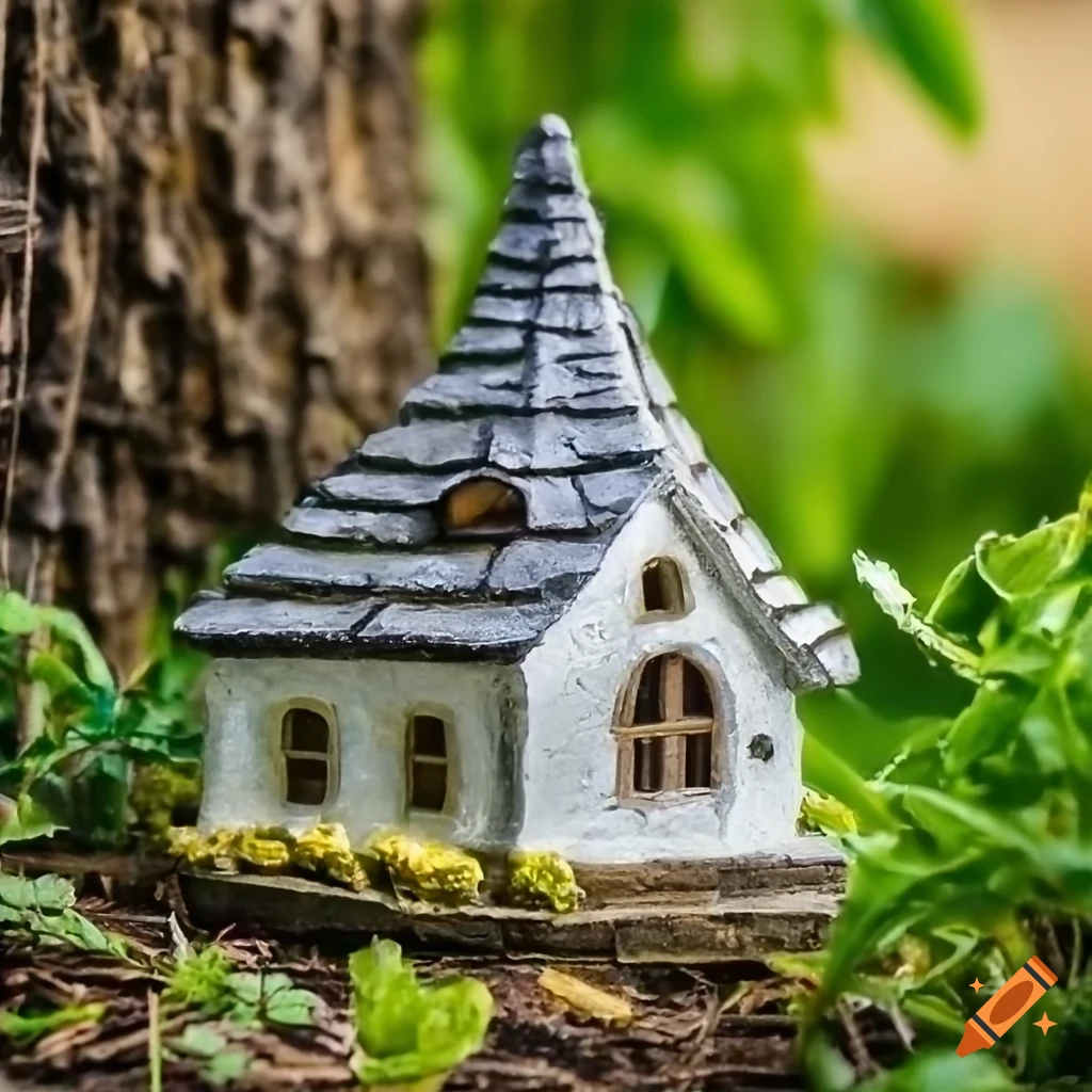 Miniature fairy house with illuminated windows under a plant in high ...