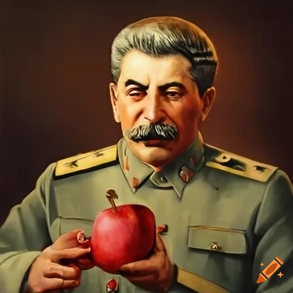 Satirical depiction of stalin eating an apple on Craiyon