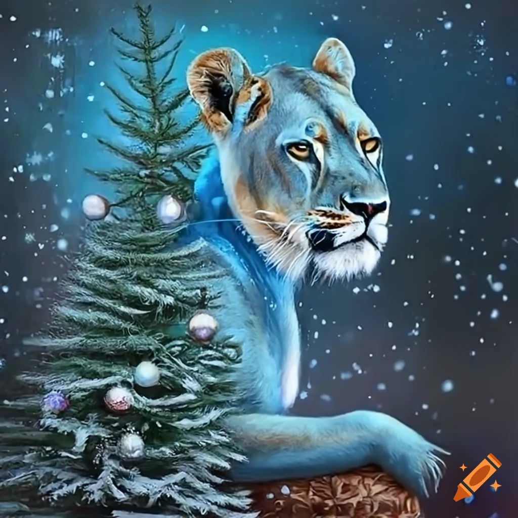Friendly lioness by christmas tree in winter on Craiyon