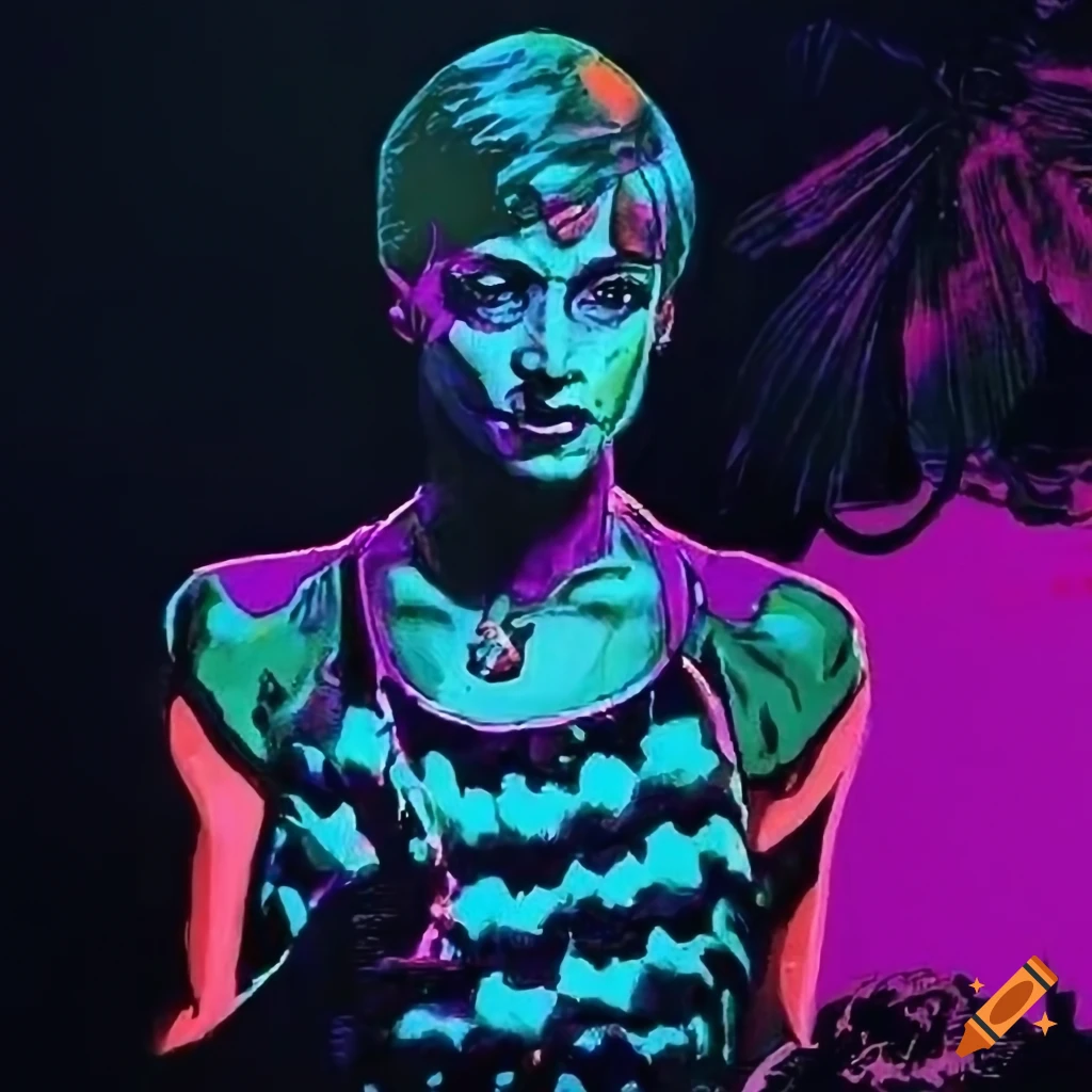 Vivid tropical scene with iridescent colors in a graphic novel style on ...