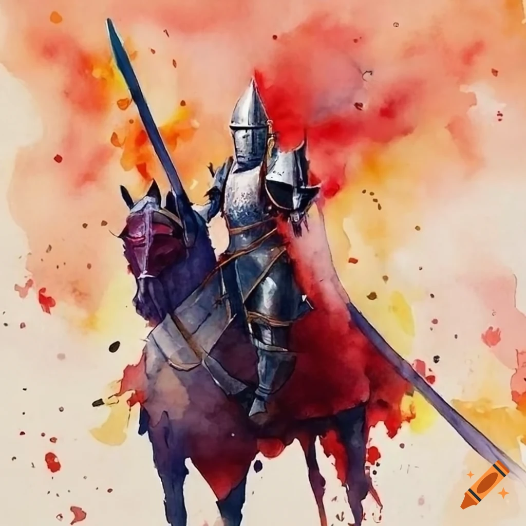 Gallant knight on a diabolical steed in a beautiful watercolor painting ...