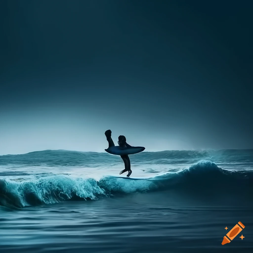 Surfers riding a wave at night under dramatic stormy backlight on Craiyon