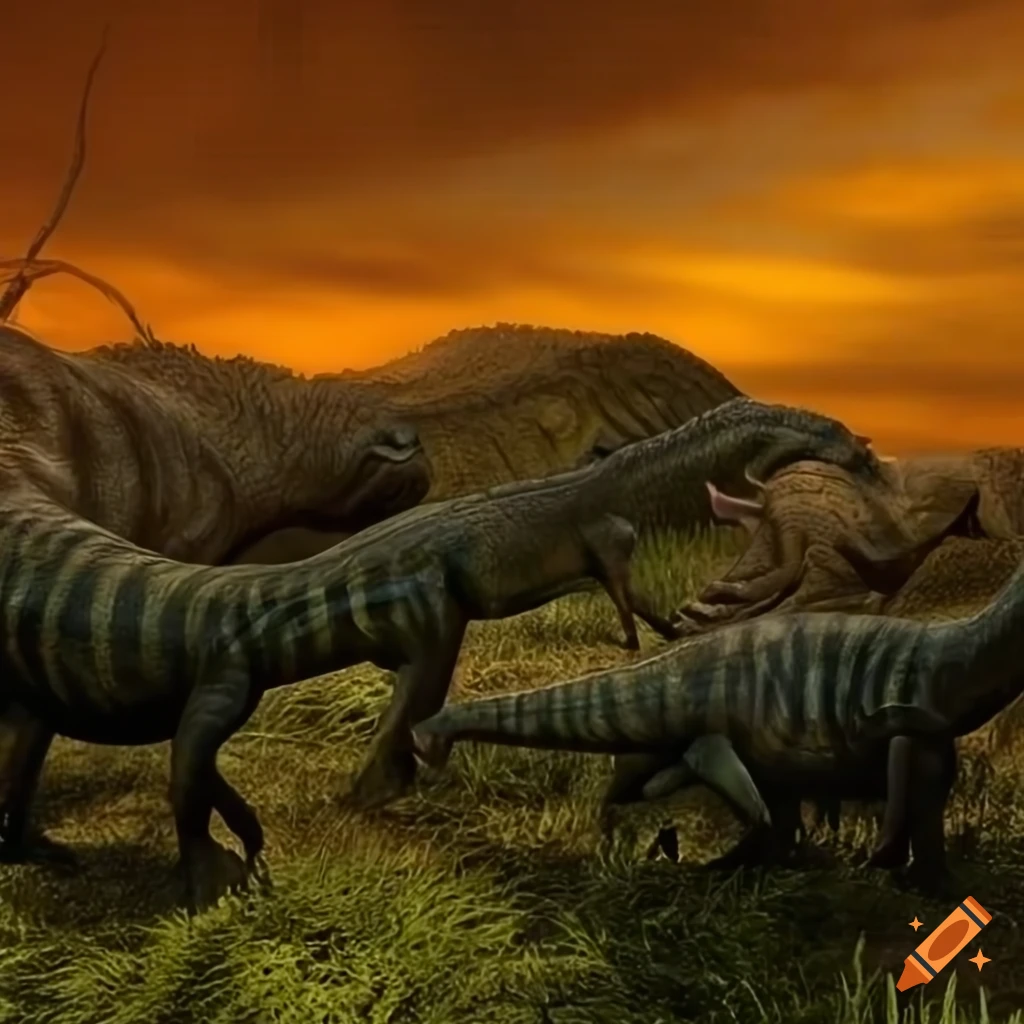 Plateosaurus herd in a triassic landscape with coelophysis on Craiyon