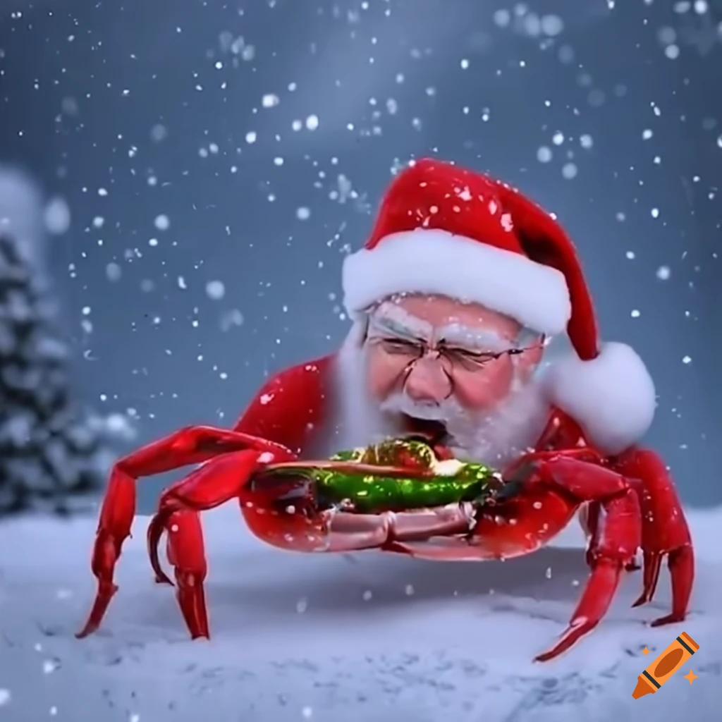 Santa eating a giant flying red crab in the snow on christmas on Craiyon