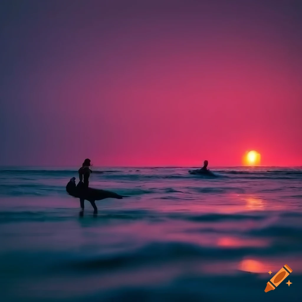 Surfers riding a dramatic night wave under red stormy backlight on Craiyon