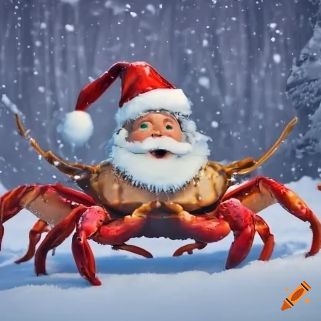 Santa sitting on a giant crab in the snow on Craiyon