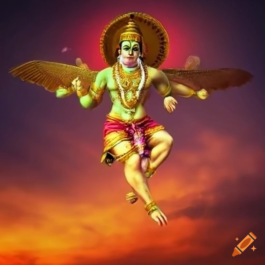 Hanuman flying with sanjeenvi mountain in his hand under natural light ...