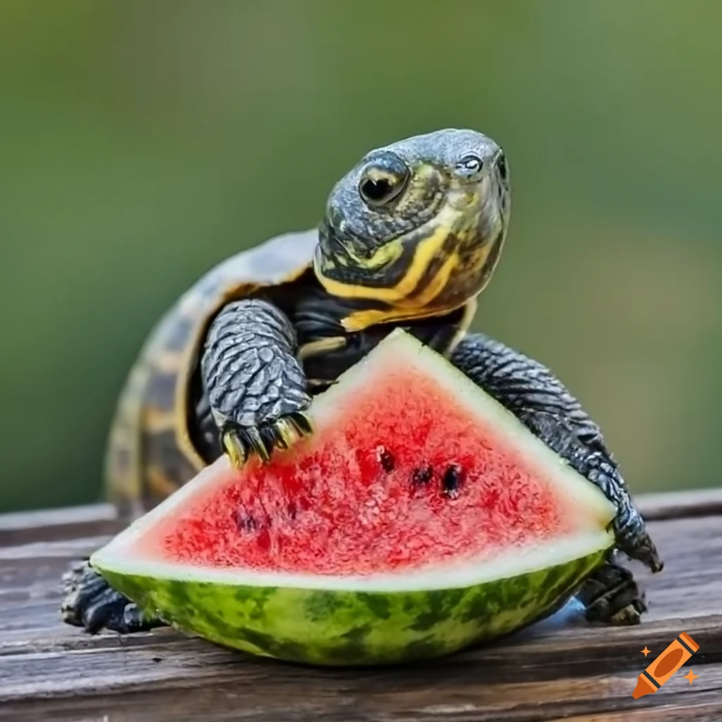 Little turtle eating a watermelon in sunset lighting, realistic ...