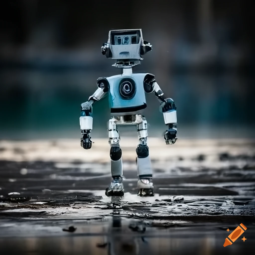 Sad damaged robot similar to wall-e surrounded by puddles of water on ...