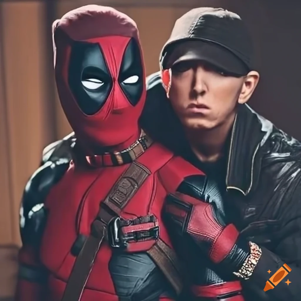 Satirical depiction of deadpool with eminem on Craiyon