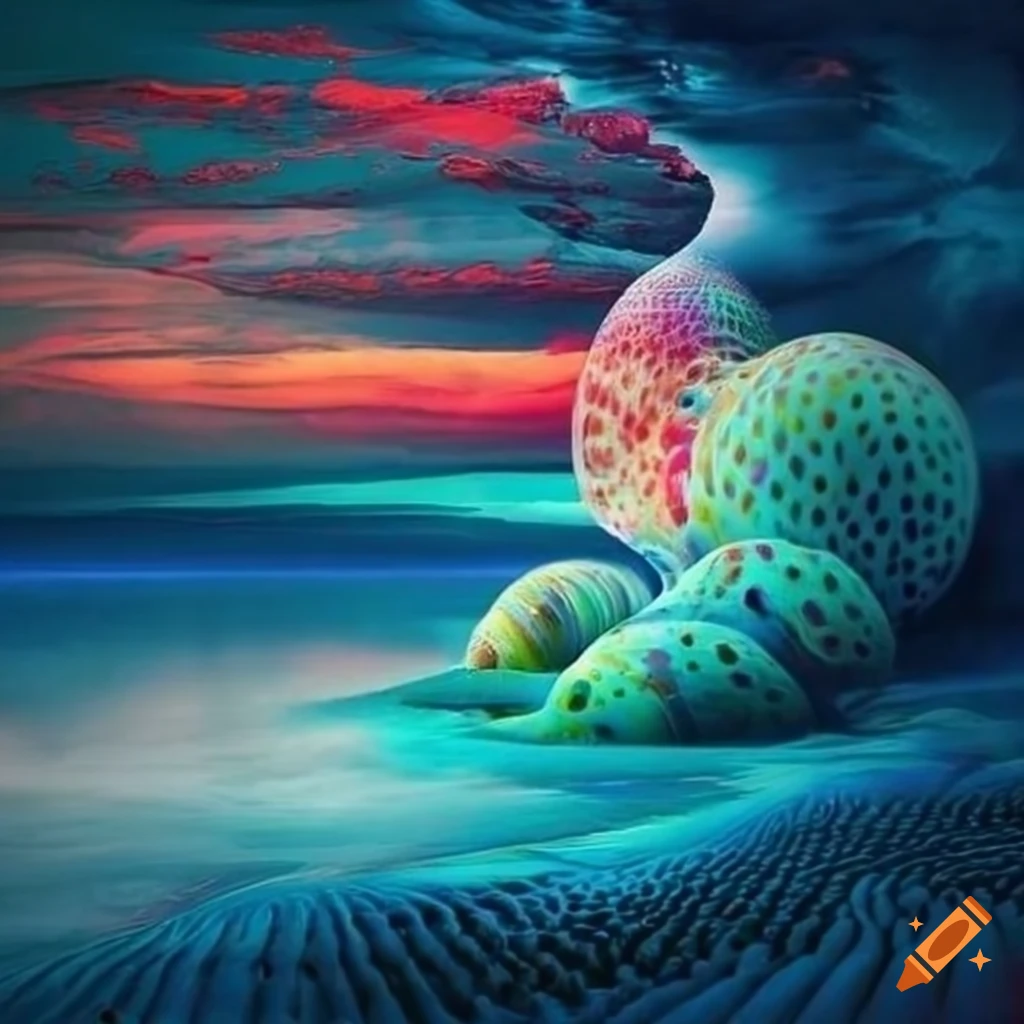 Surreal shores and multicolored coral hills, glassy surreal seashells ...