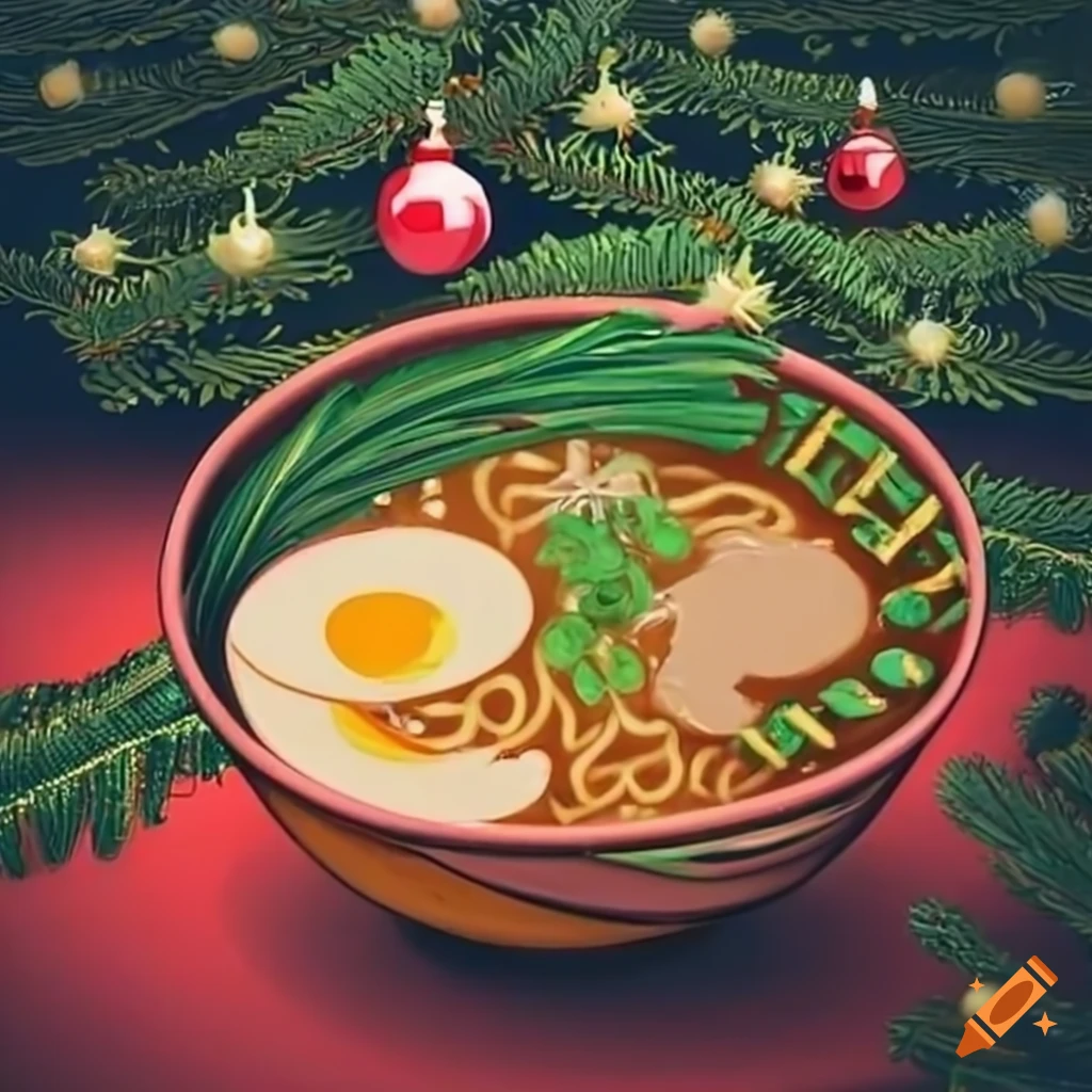 Ramen next to a christmas tree on Craiyon