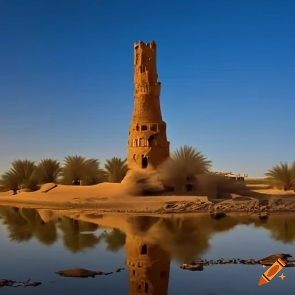 Ancient tower in libyan oasis next to a river on Craiyon
