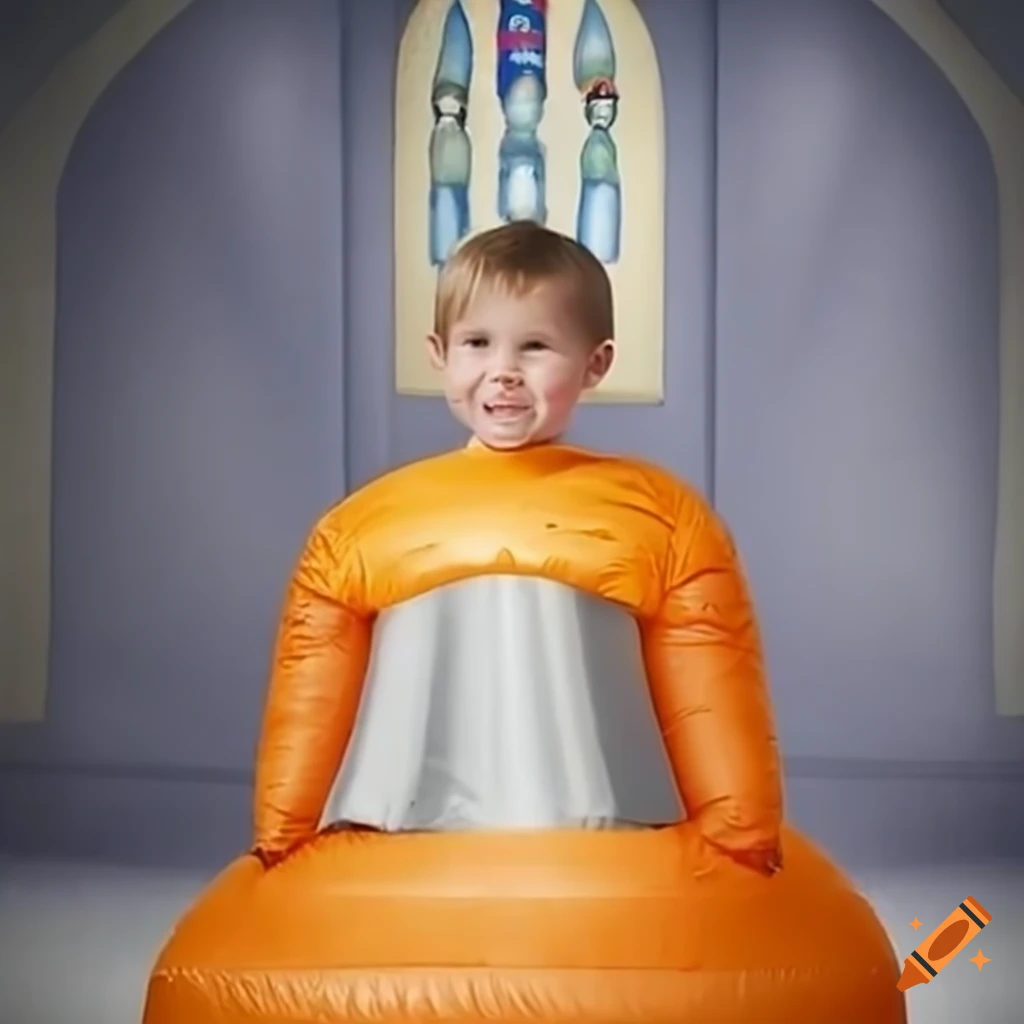 Child in an inflatable church bell costume on Craiyon