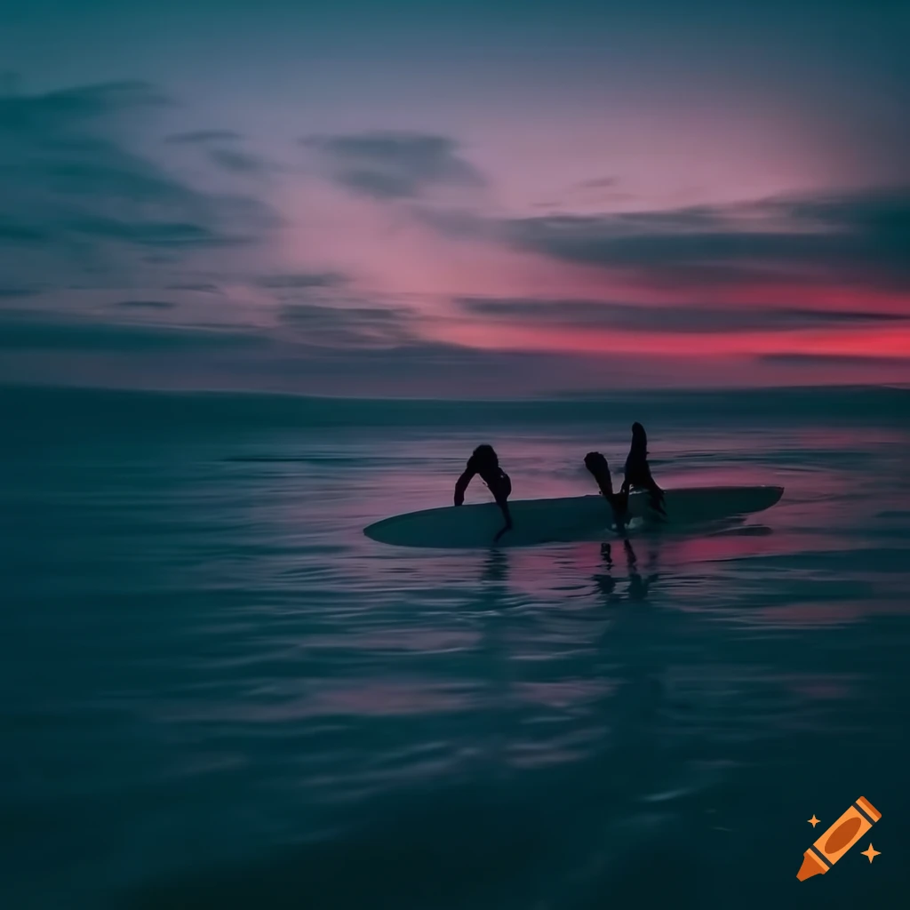 Surfers riding waves in dramatic red ocean under a stormy backlit night ...