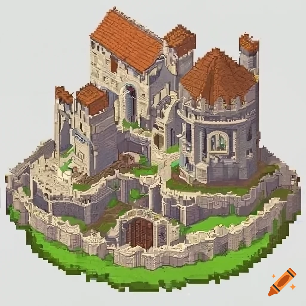 Detailed isometric view of a medieval castle in pixel art on Craiyon