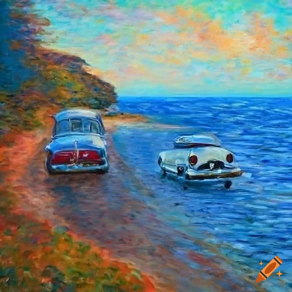 Classic car driving on a coastal road in a monet painting style on Craiyon