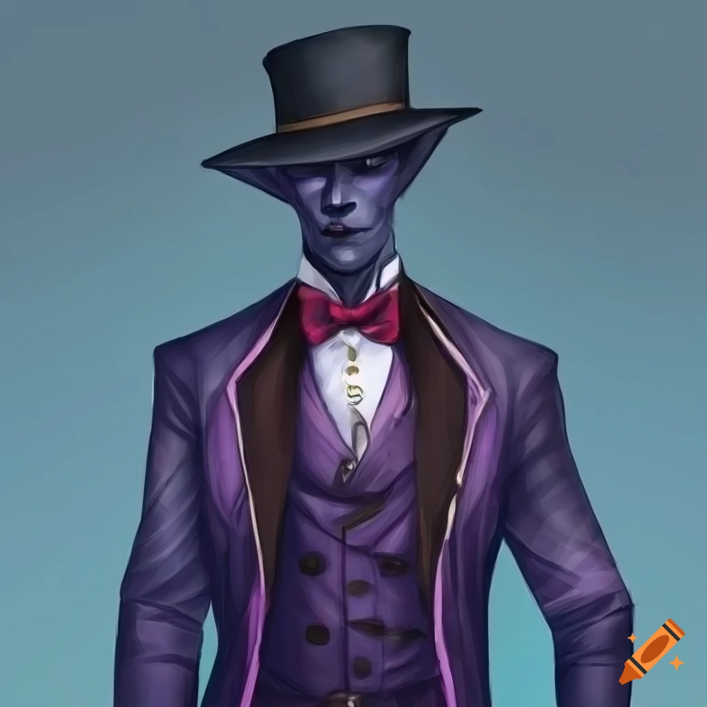 Half drow person wearing a big hat and a nice suit with a bow tie on ...