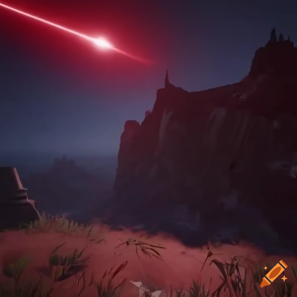 Red-white laser magic projectile flying over grass under the night sky ...