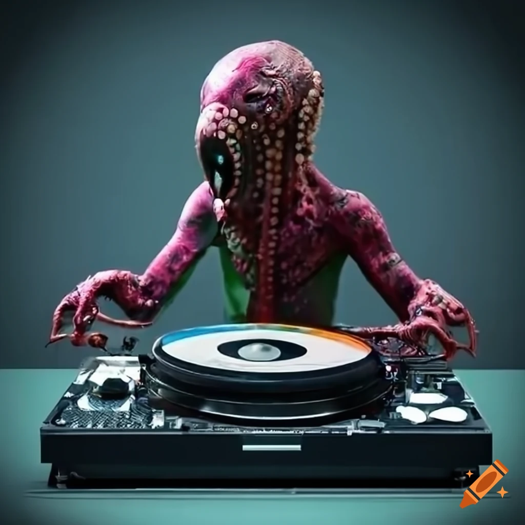 Octopus dj playing a turntable with special effects on Craiyon