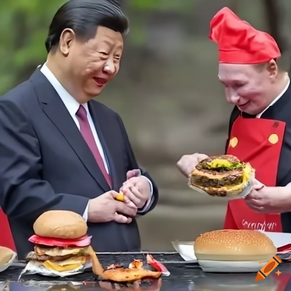 Vladimir Putin and Xi Jinping cooking American themed burgers on Craiyon
