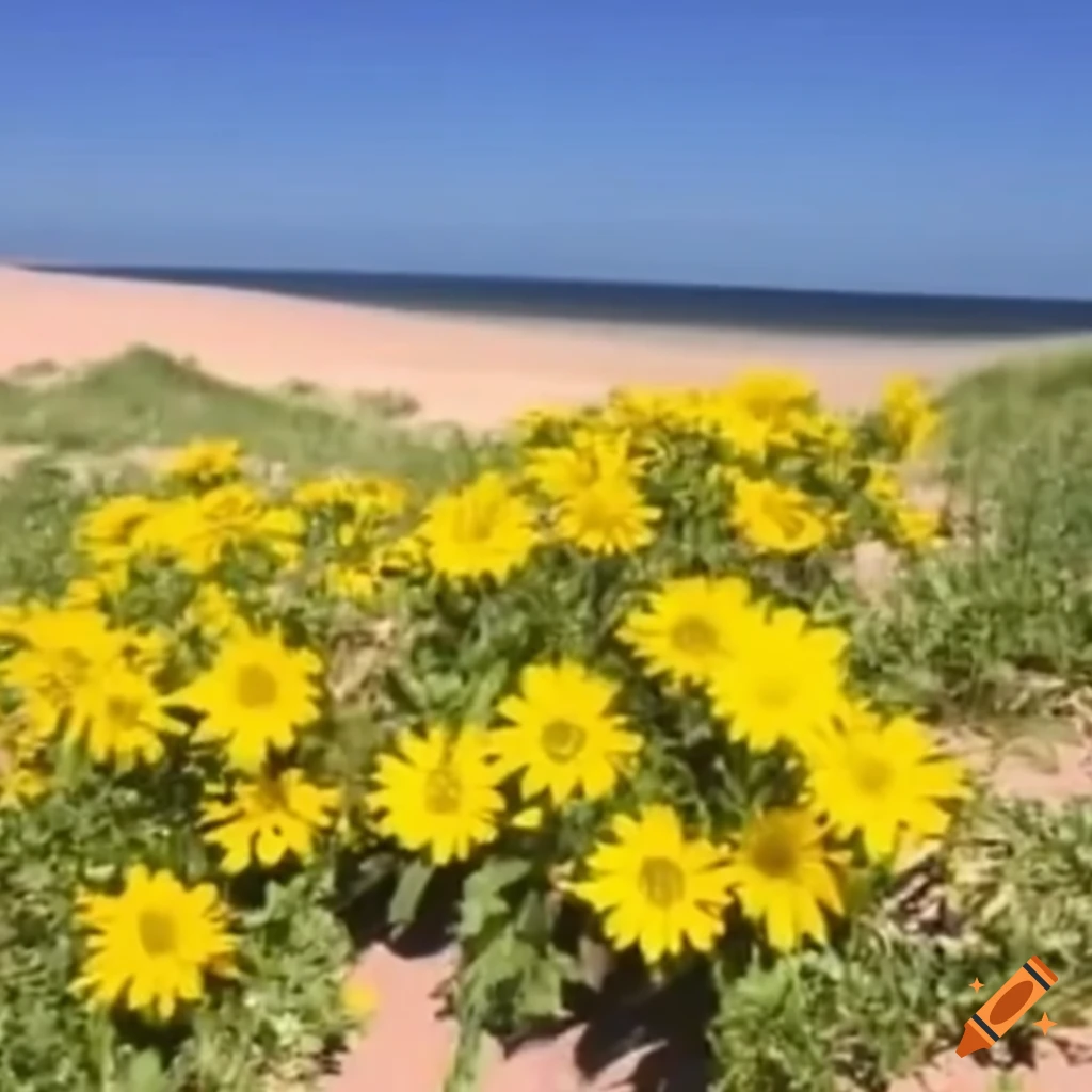 Sand dunes with yellow flowers in a vintage vhs style on Craiyon