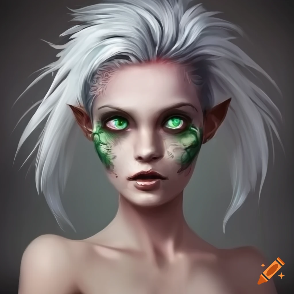 Pixie with grey and green marbled skin, white hair, silver eyes and ...
