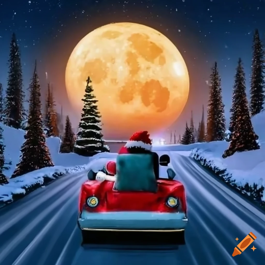 Santa driving a convertible on a snowy road under a bright moon and ...
