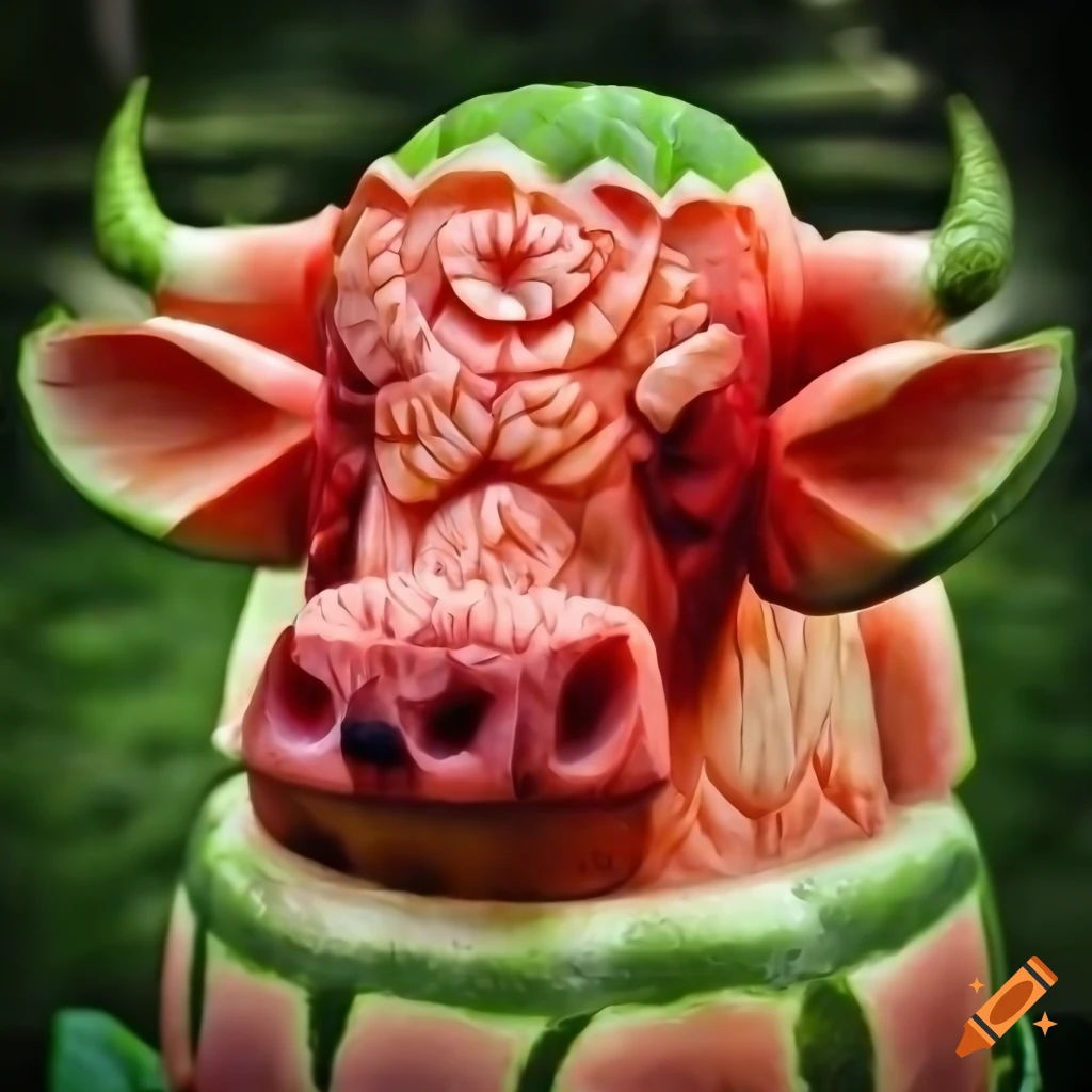 Cow fruit carving art on a garden with intricate details on Craiyon
