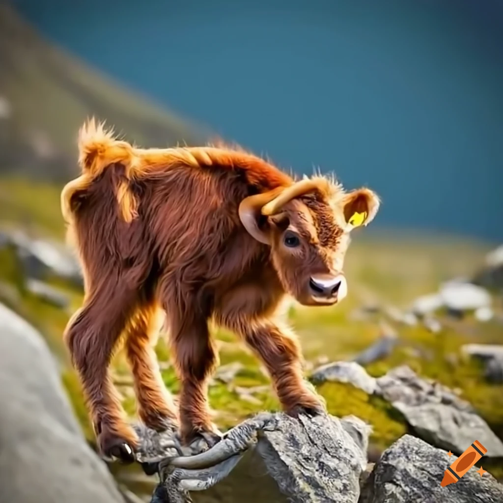 Adorable long-haired brown highlander baby cow jumping on a rocky ...