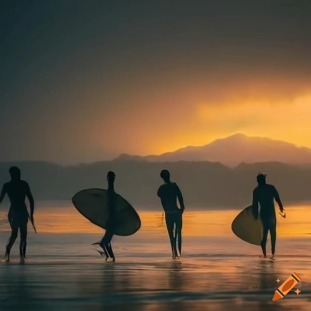 Surfers riding a wave under dramatic golden backlight during a stormy ...