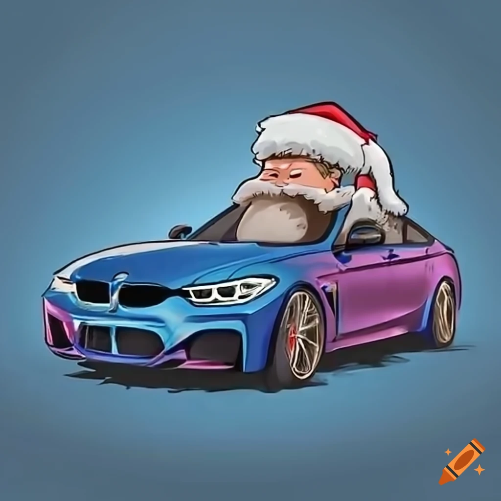 Cartoon santa driving a bmw san marino blue f82 m4 on Craiyon