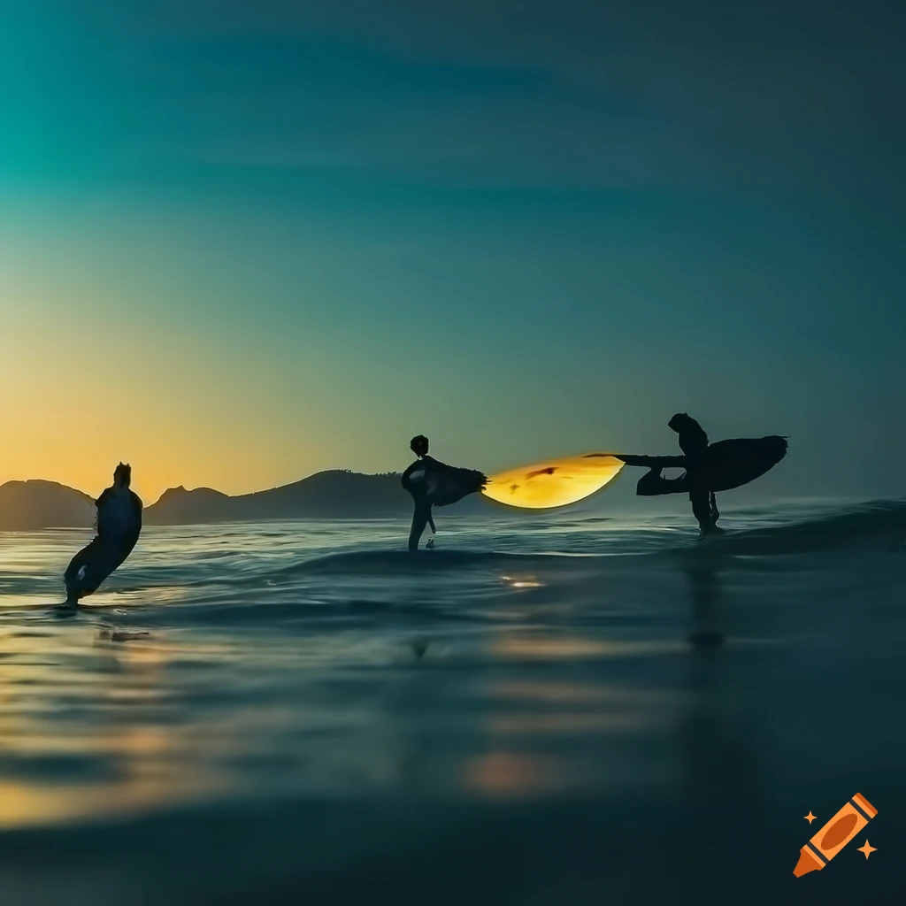 Surfers riding a wave at night with dramatic golden backlight on Craiyon