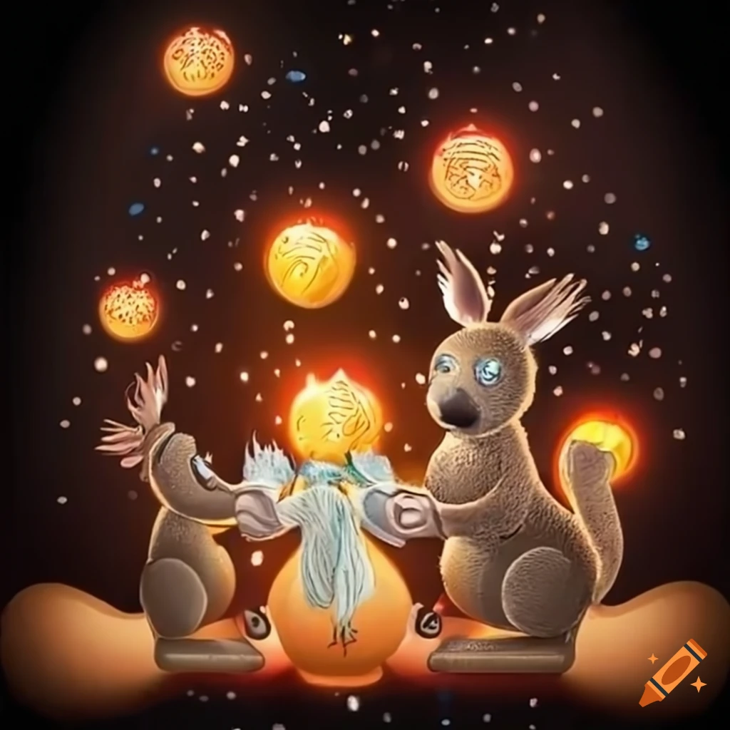 Australian christmas scene with kangaroos, koalas, kookaburras, and ...