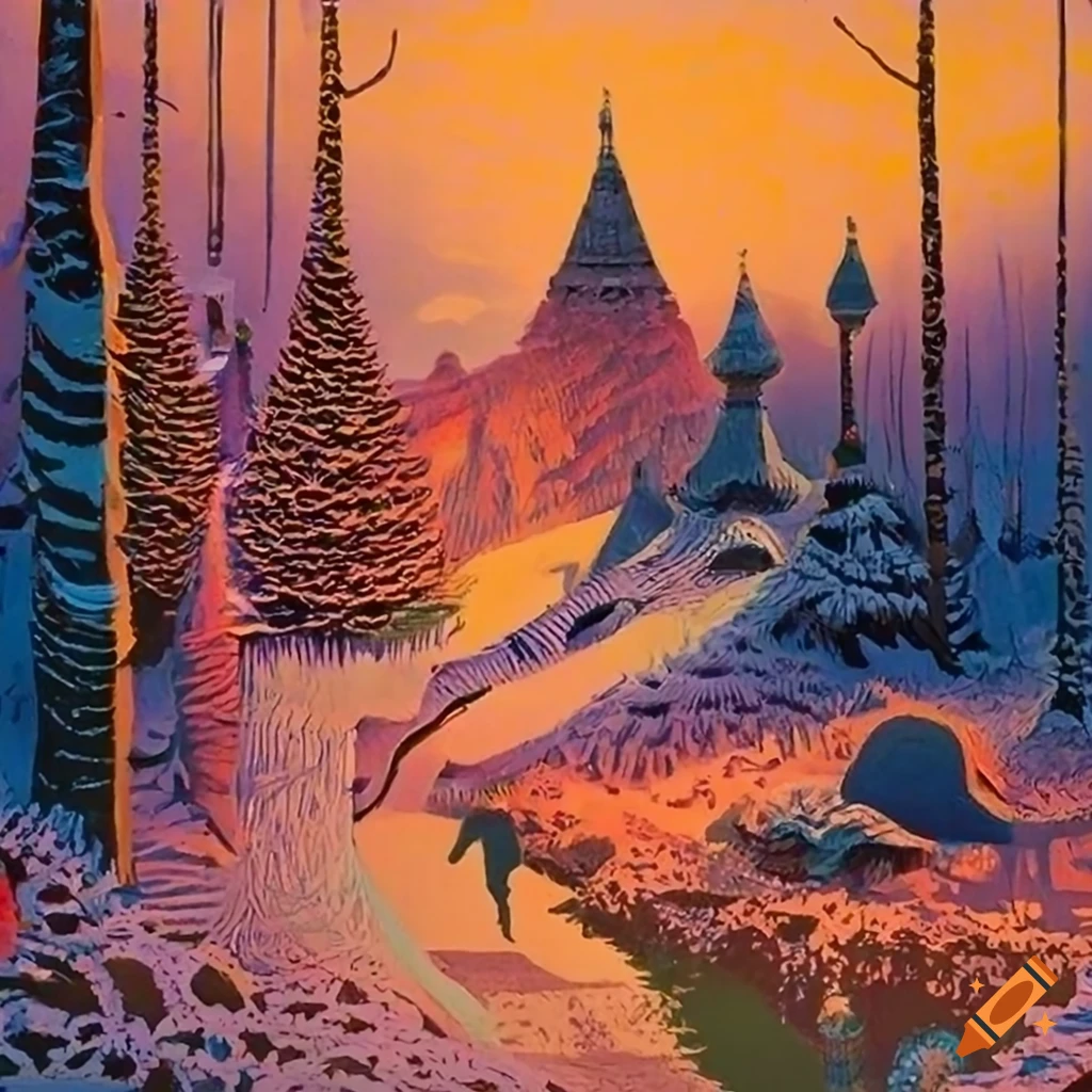 Intricate serigraph combining russian fairytale motifs and native ...