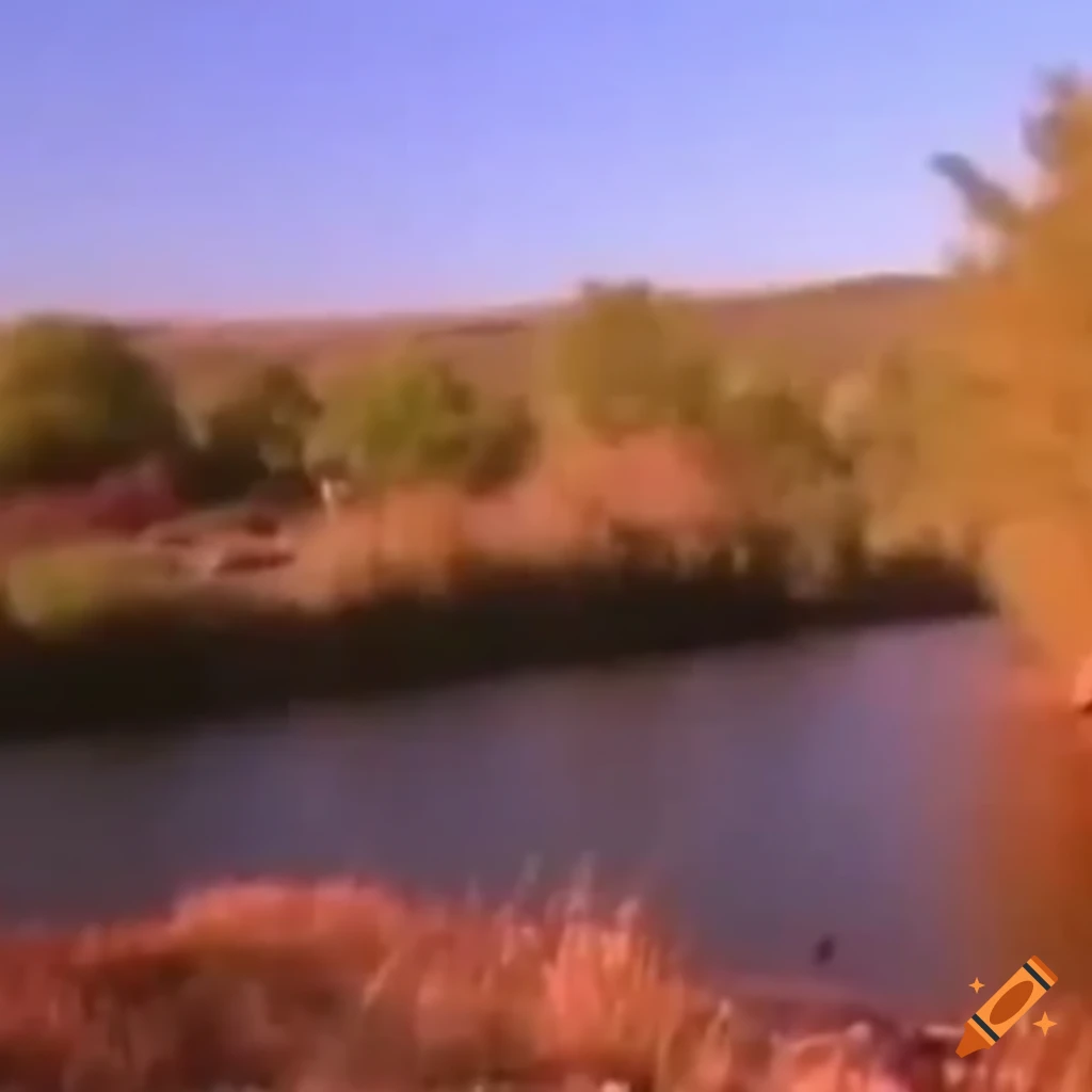 Scenic red river with sunset, trees, and dry grass in pink VHS footage on Craiyon
