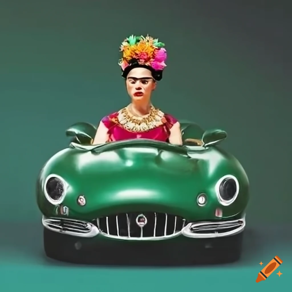 Frida kahlo driving a green jaguar car on Craiyon