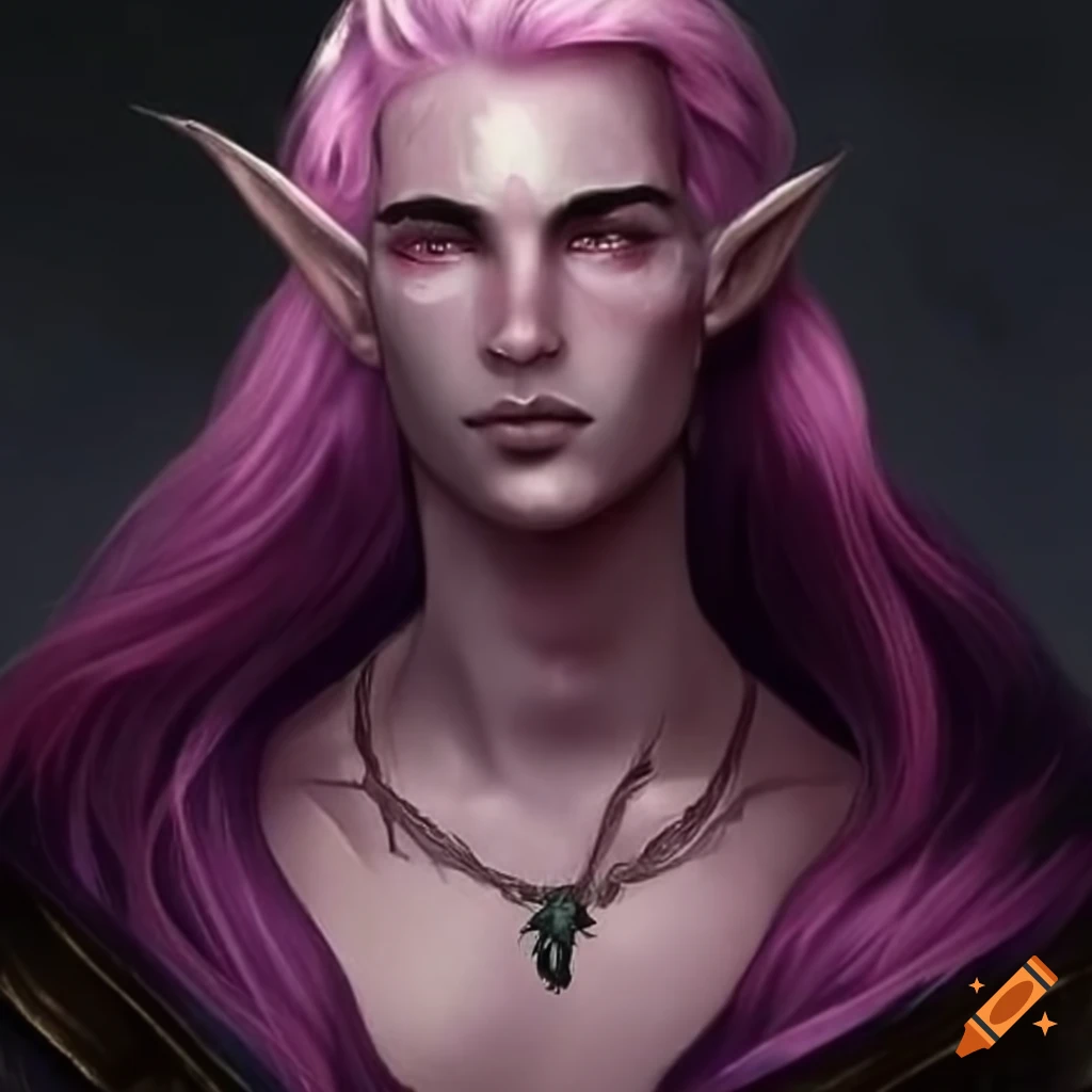 Young male elf sorcerer with pale rose skin and long dark rose hair on ...