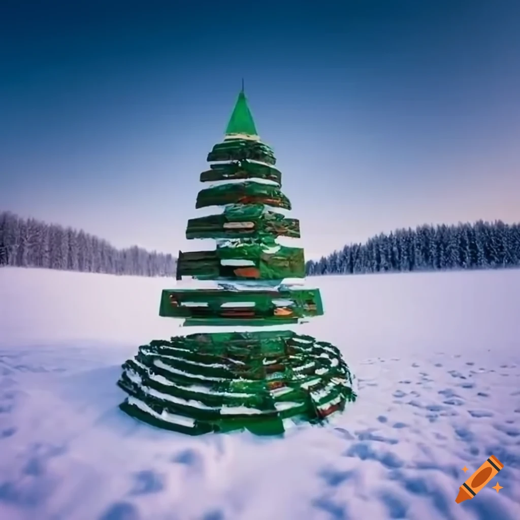 Christmas tree made of floppy disks in snowy landscape on Craiyon