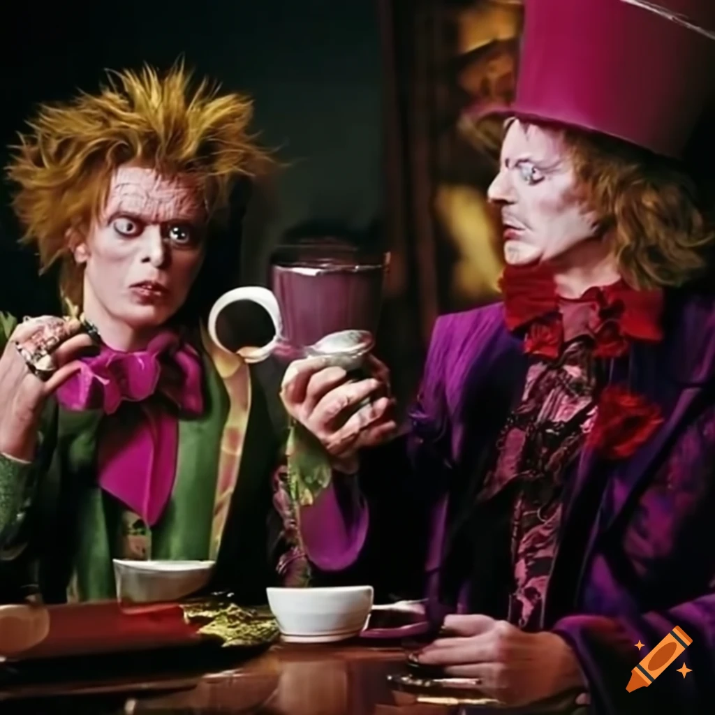 David bowie and robert smith having tea with the mad hatter on Craiyon