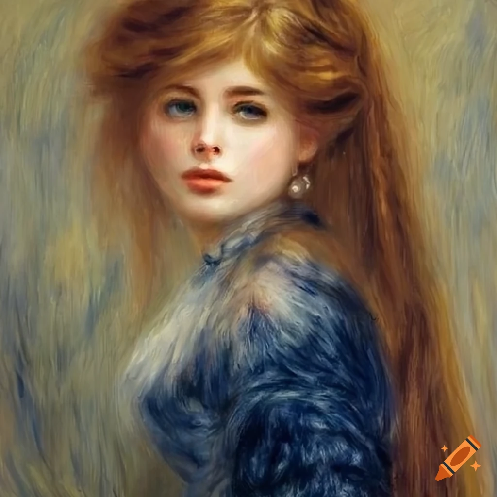 Woman with long fluffy hair in the style of renoir on Craiyon