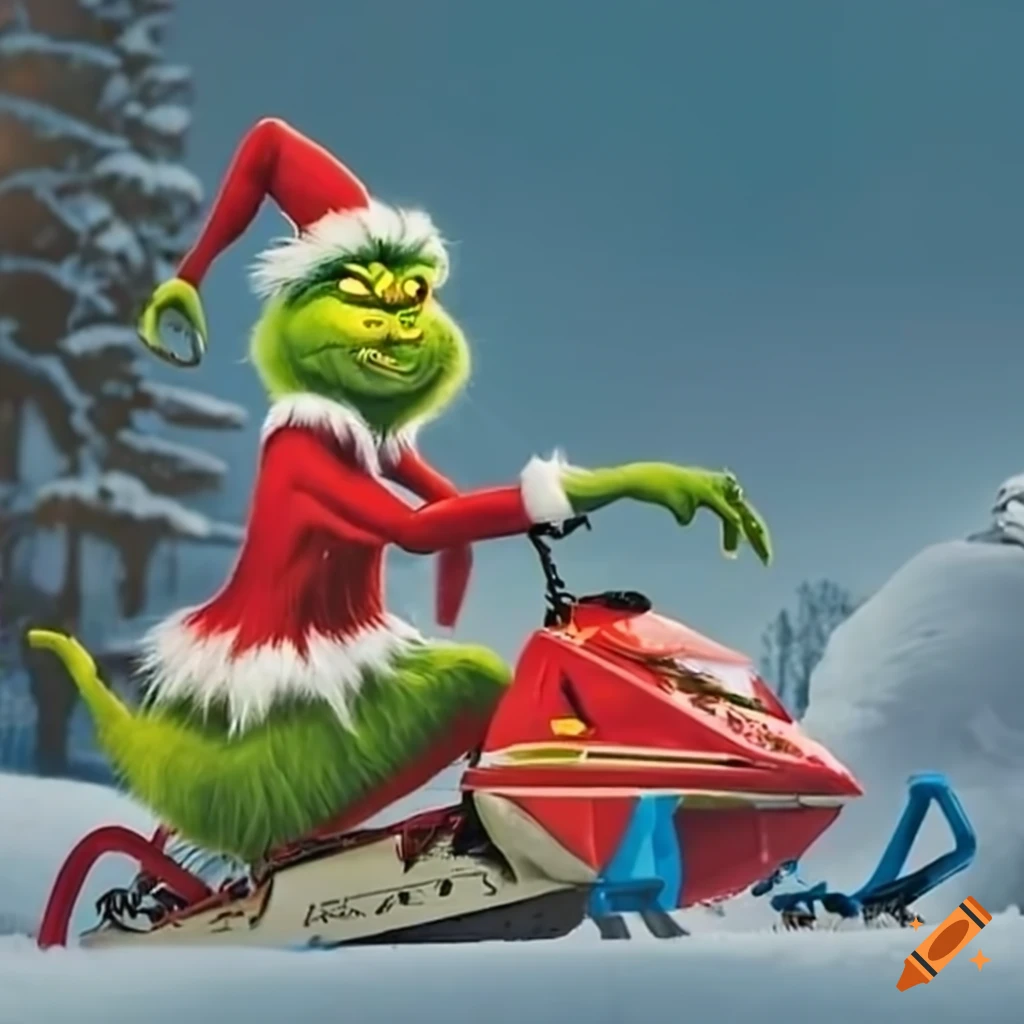The grinch riding a snowmobile on Craiyon