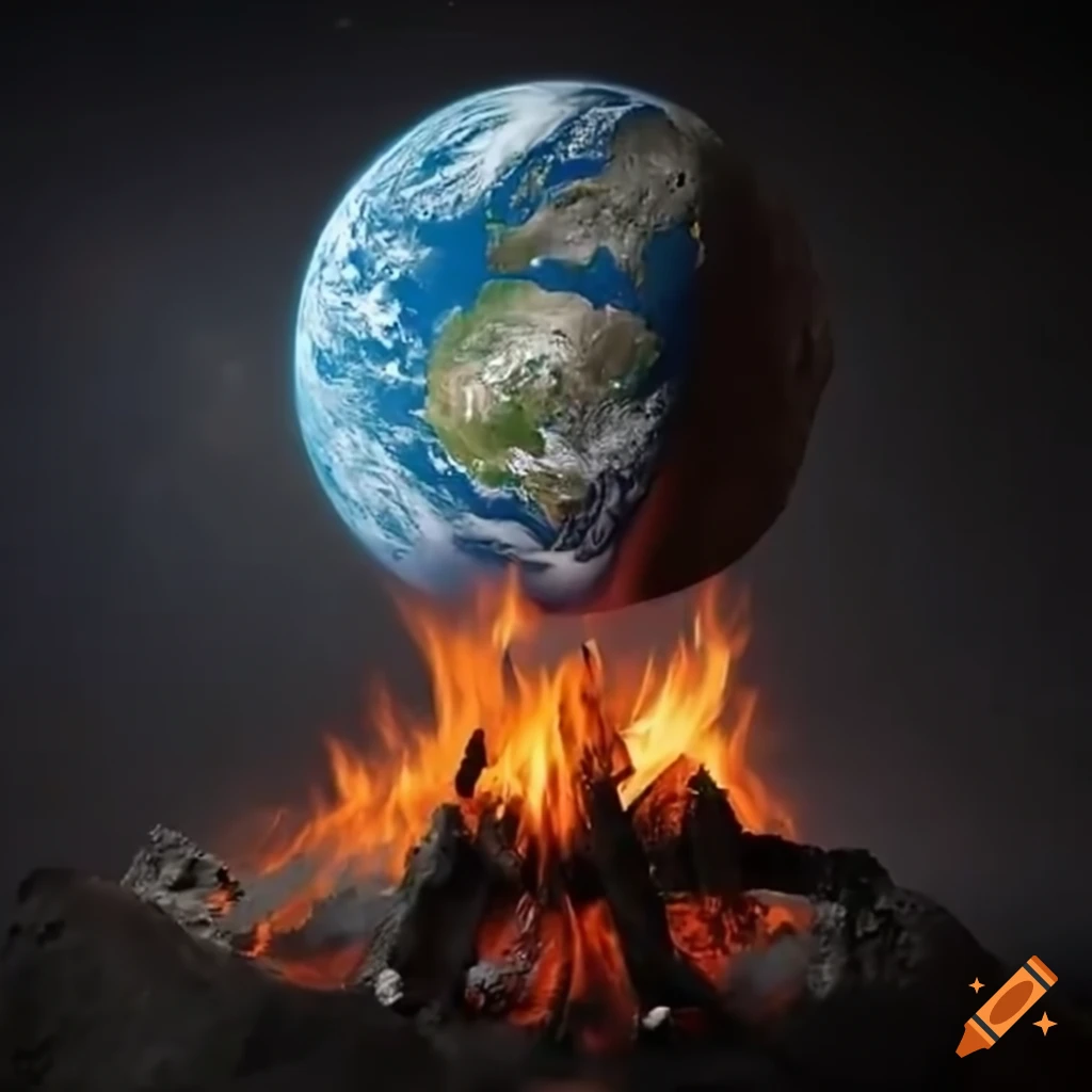 Earth seen from space with two people around a bonfire on an asteroid ...