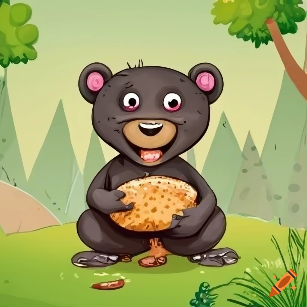 Happy friendly black bears eating bread and beans at a campsite in a children's book ...