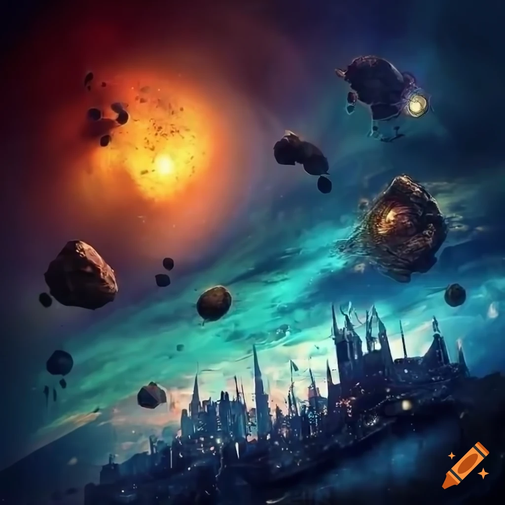 Medieval steampunk city on a crystal asteroid floating in space on Craiyon