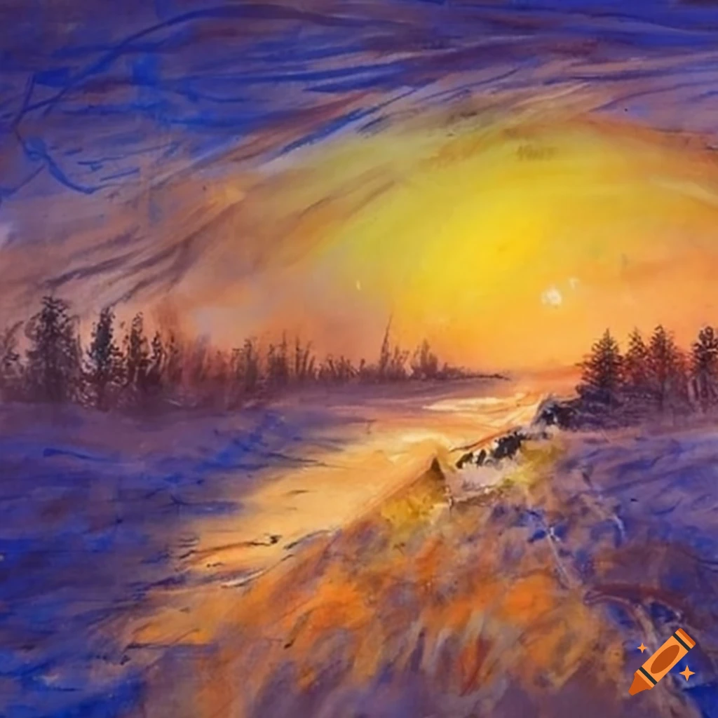 Child's drawing of a golden horizon with snow on Craiyon