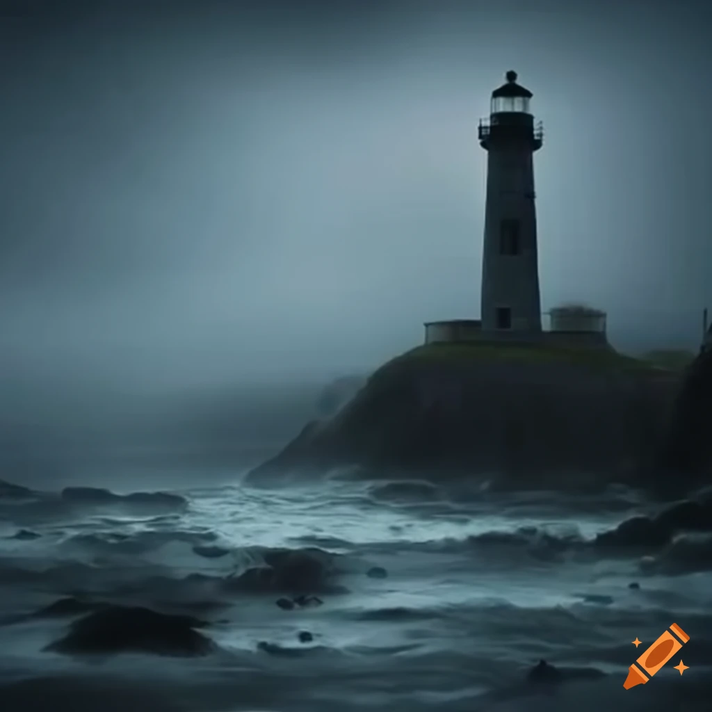 Spooky lighthouse standing at stormy rainy shore on Craiyon